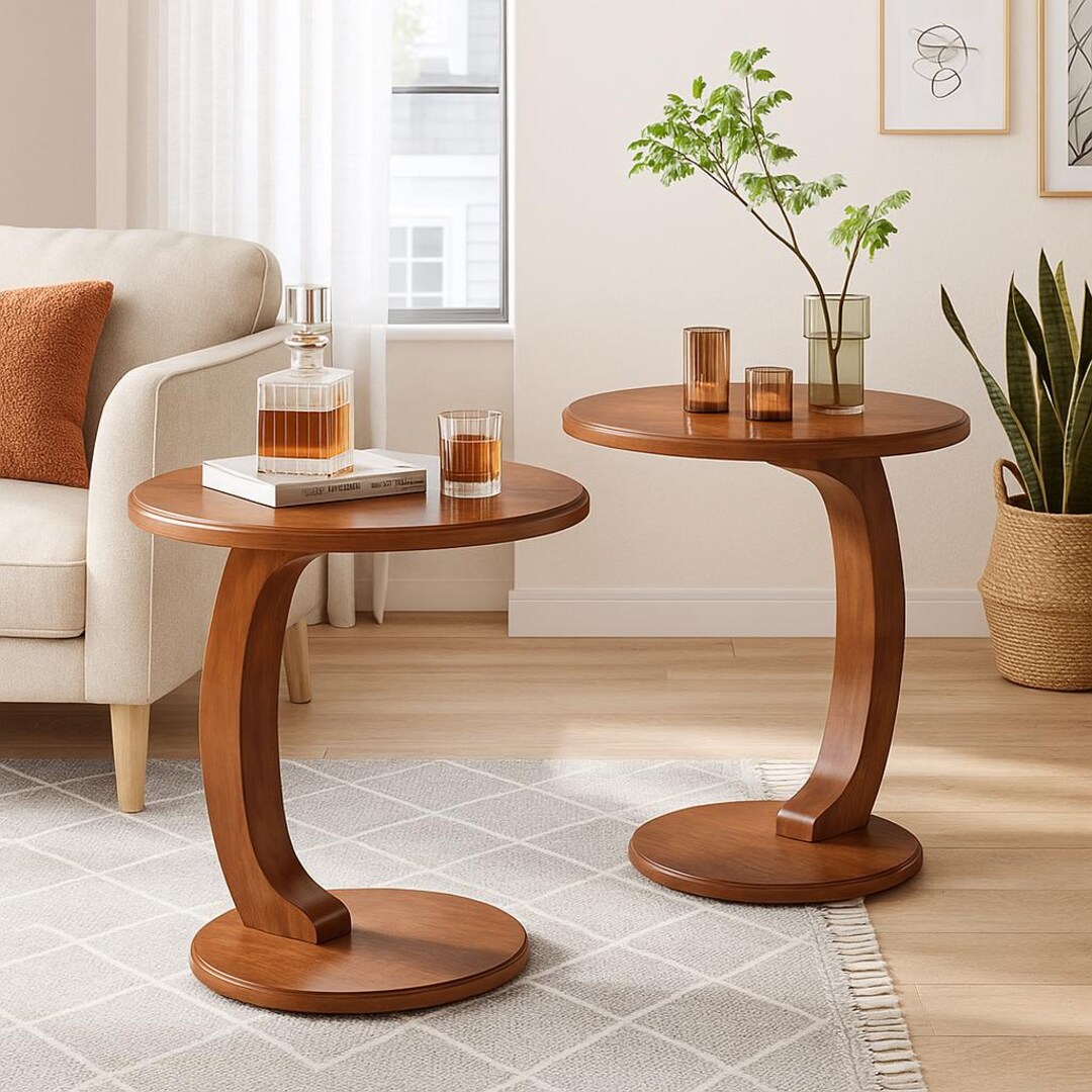 Round End Table, Wood C-shaped Side Table, Small Couch Side Table, Mid ...
