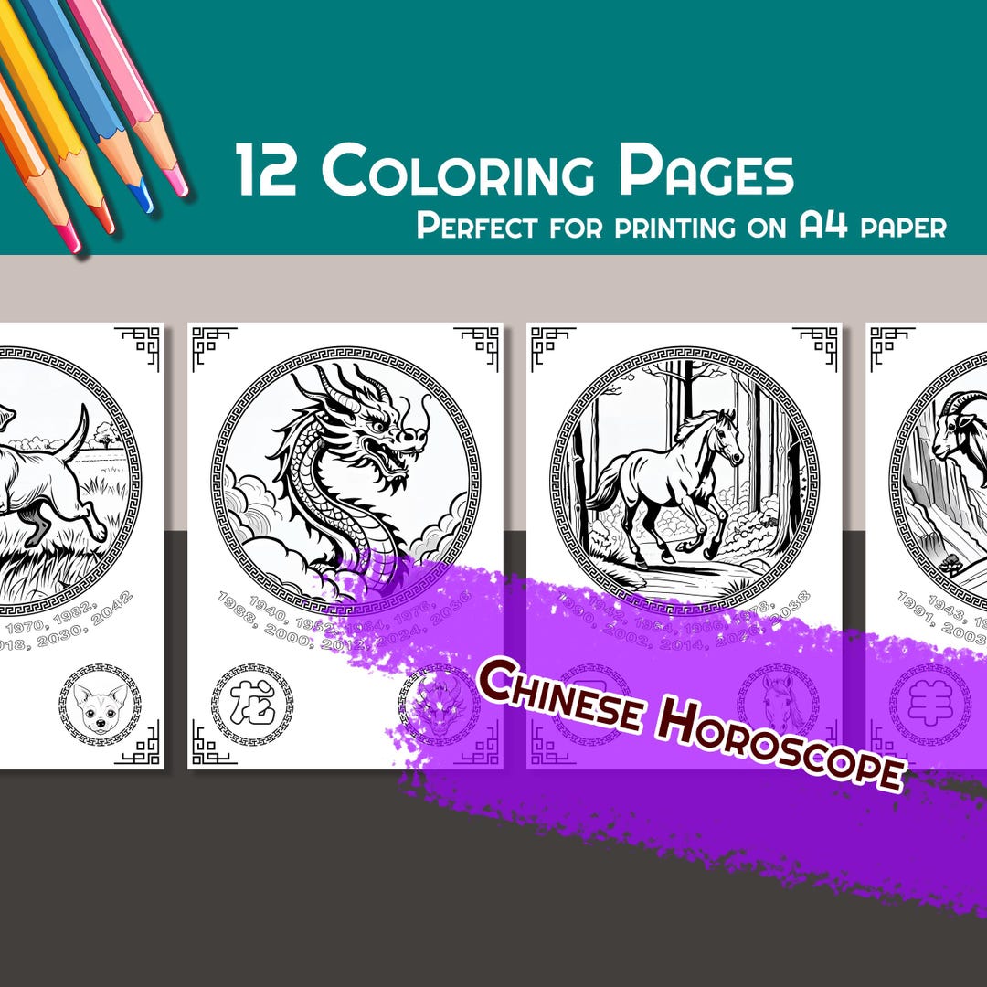 Coloring Pages With Chinese Horoscope Zodiac With 12 Animal Signs Gift ...