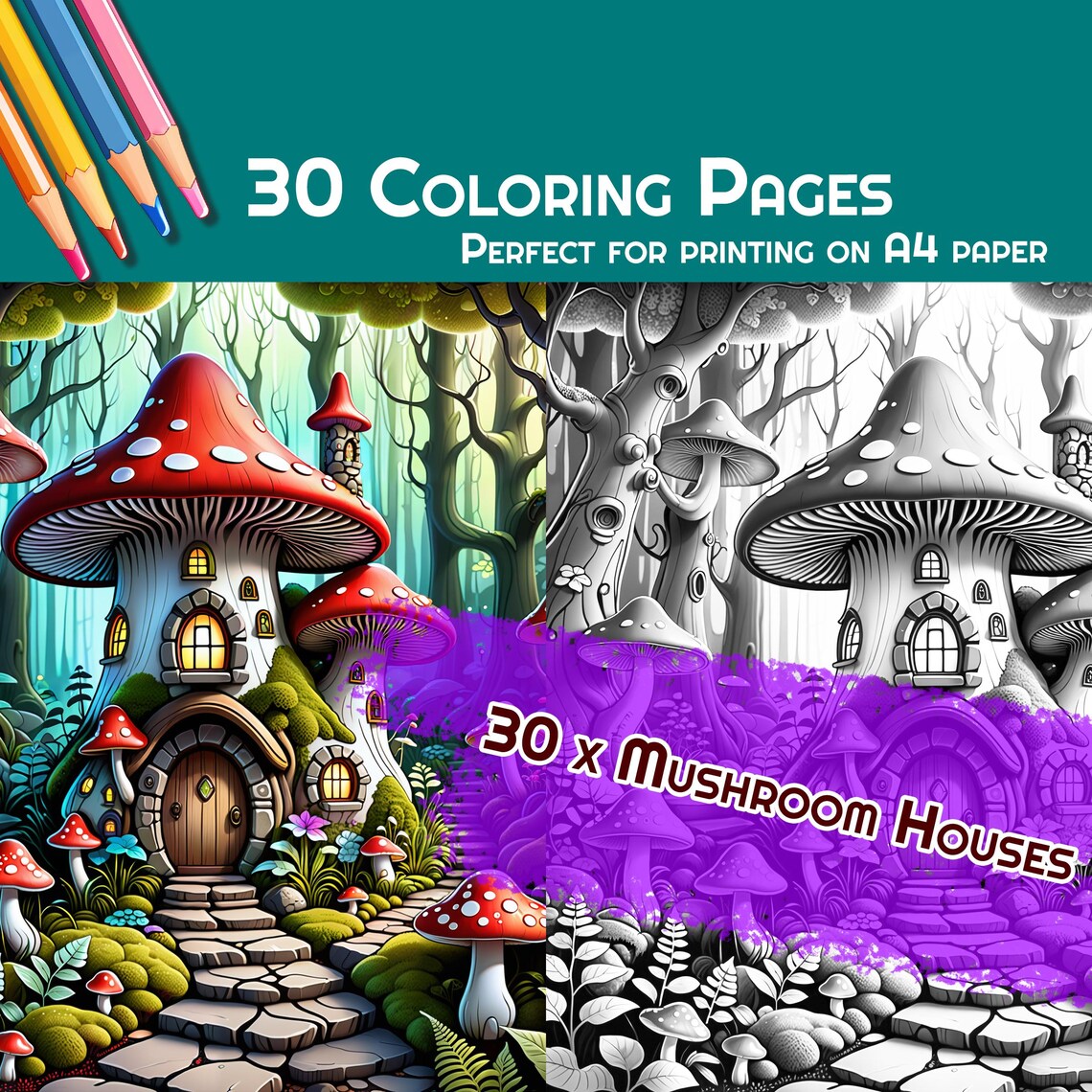 Fantasy Mushroom Coloring Pages Art Gift for Kids Mushroom Houses ...