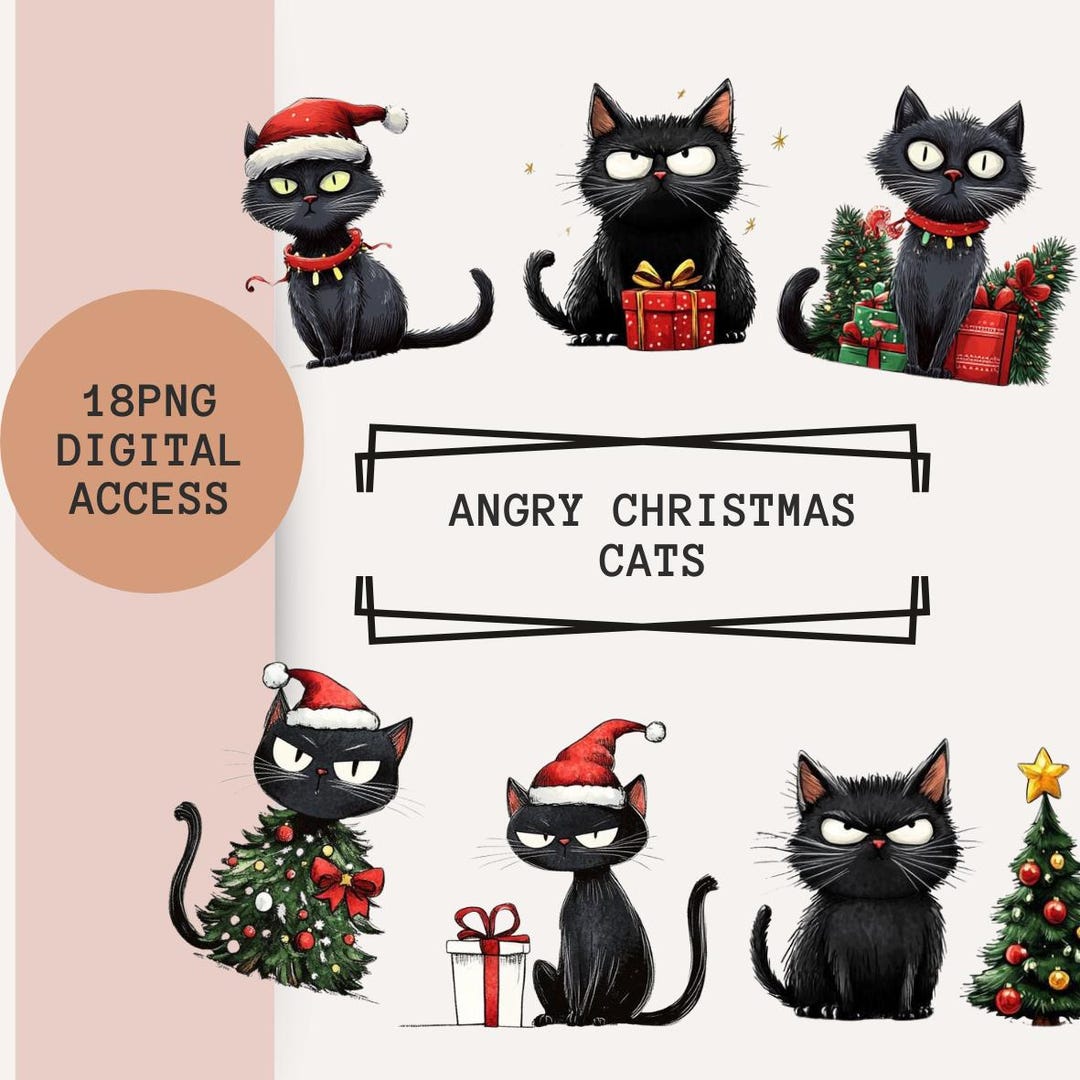 Angry Christmas Cat Clipart Bundle Printable Christmas Gifts Tags Mad ...