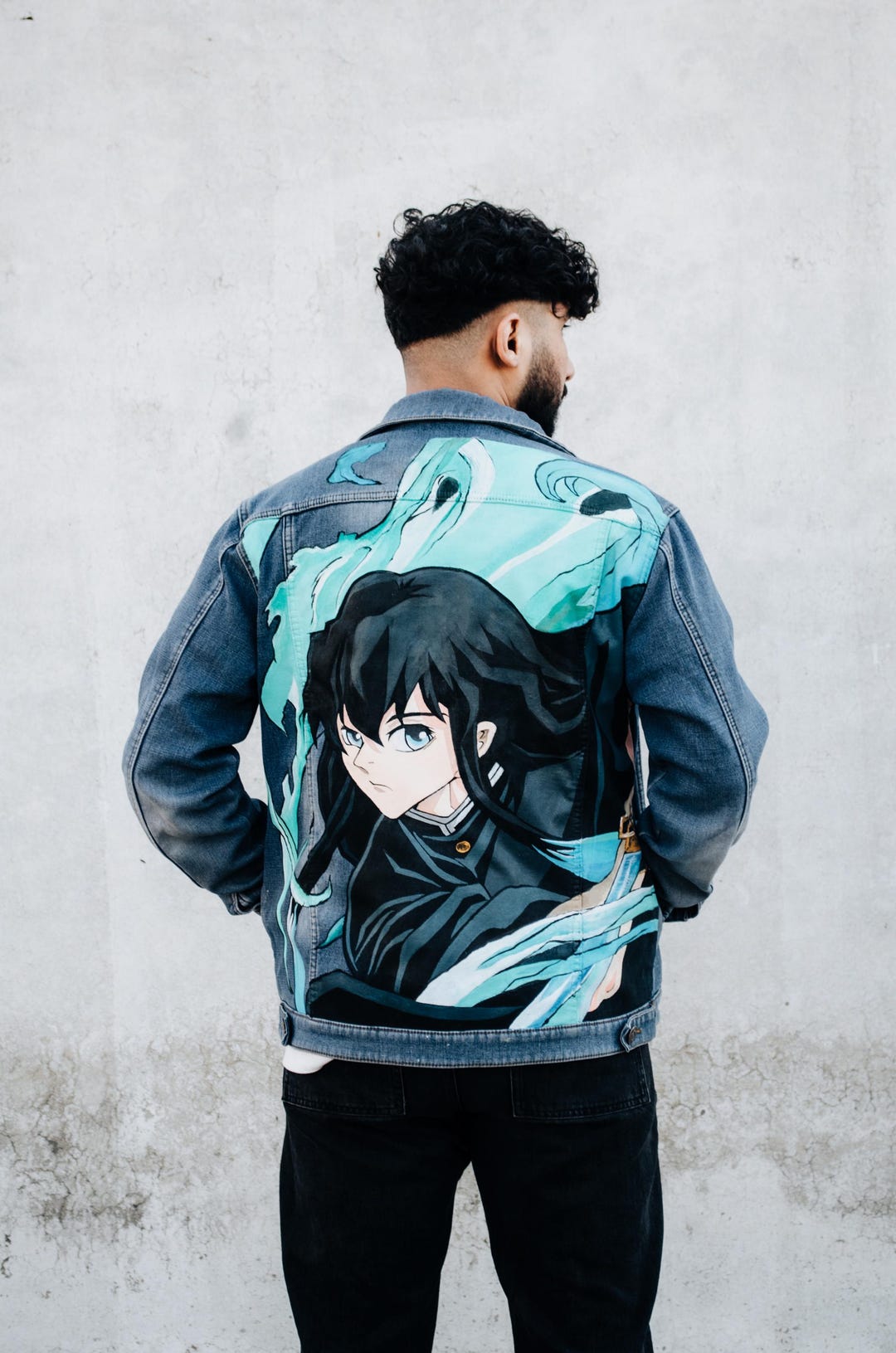 Hand-painted Anime Denim Jacket | Water Hashira-inspired Art | Custom ...
