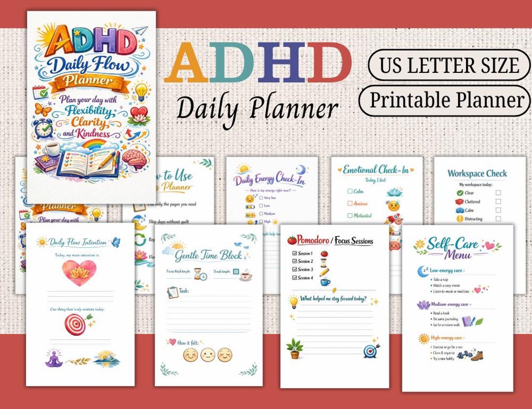 ADHD Daily Flow Planner Printable, Focus & Self-care, Pomodoro Tracker ...