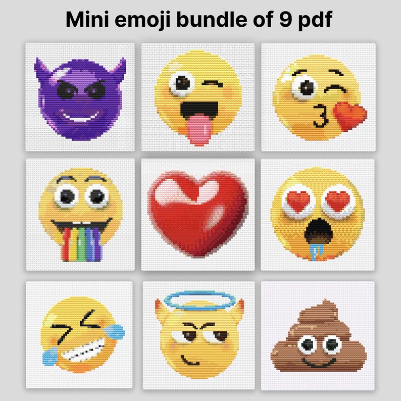Emoji Cross Stitch Pattern Set: 9 Playful Designs (PDF Download) - Etsy ...