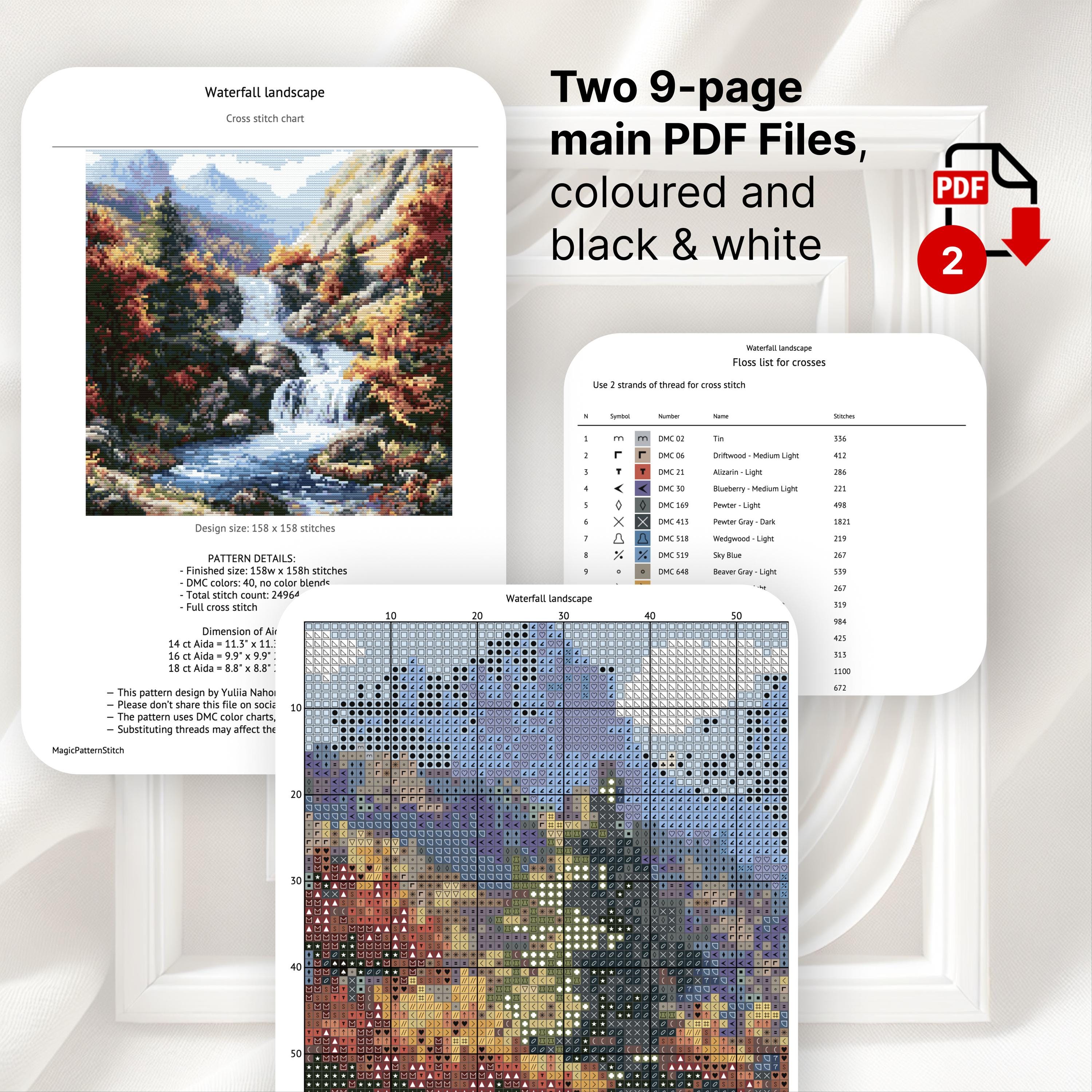 Autumn Waterfall Landscape Cross Stitch Pattern – Printable PDF & SVG ...