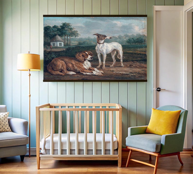 Rustic Landscape With Dogs, Farmhouse Wall Decor, Vintage Dog Portrait ...