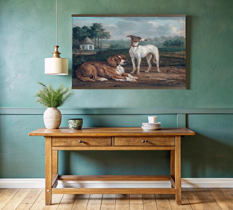 Rustic Landscape With Dogs, Farmhouse Wall Decor, Vintage Dog Portrait ...