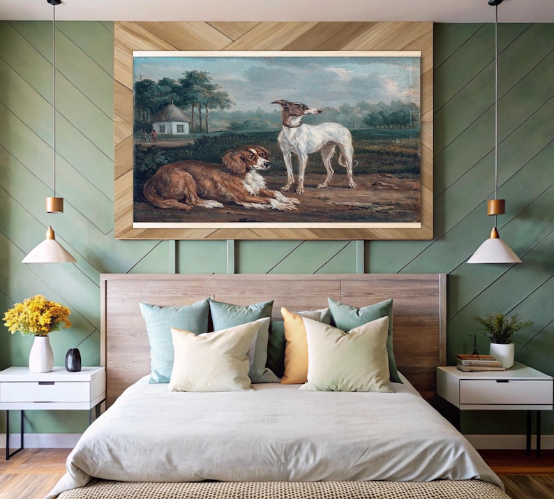 Rustic Landscape With Dogs, Farmhouse Wall Decor, Vintage Dog Portrait ...