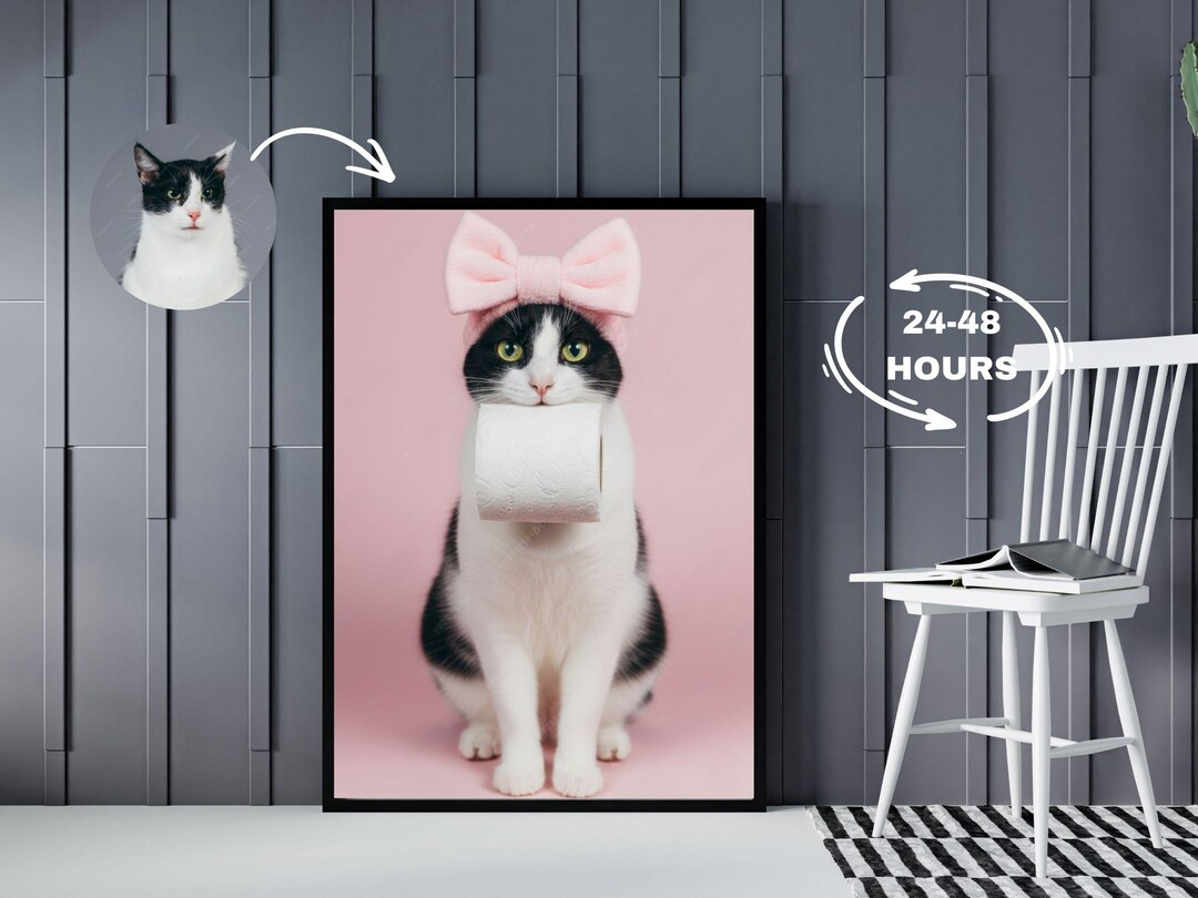 Custom Cat Portrait From Photo – Funny Bathroom Cat Art, Personalized ...