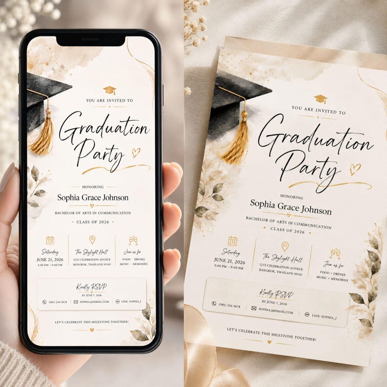 Graduation Invitation Template Canva, Black Gold Graduation Party ...