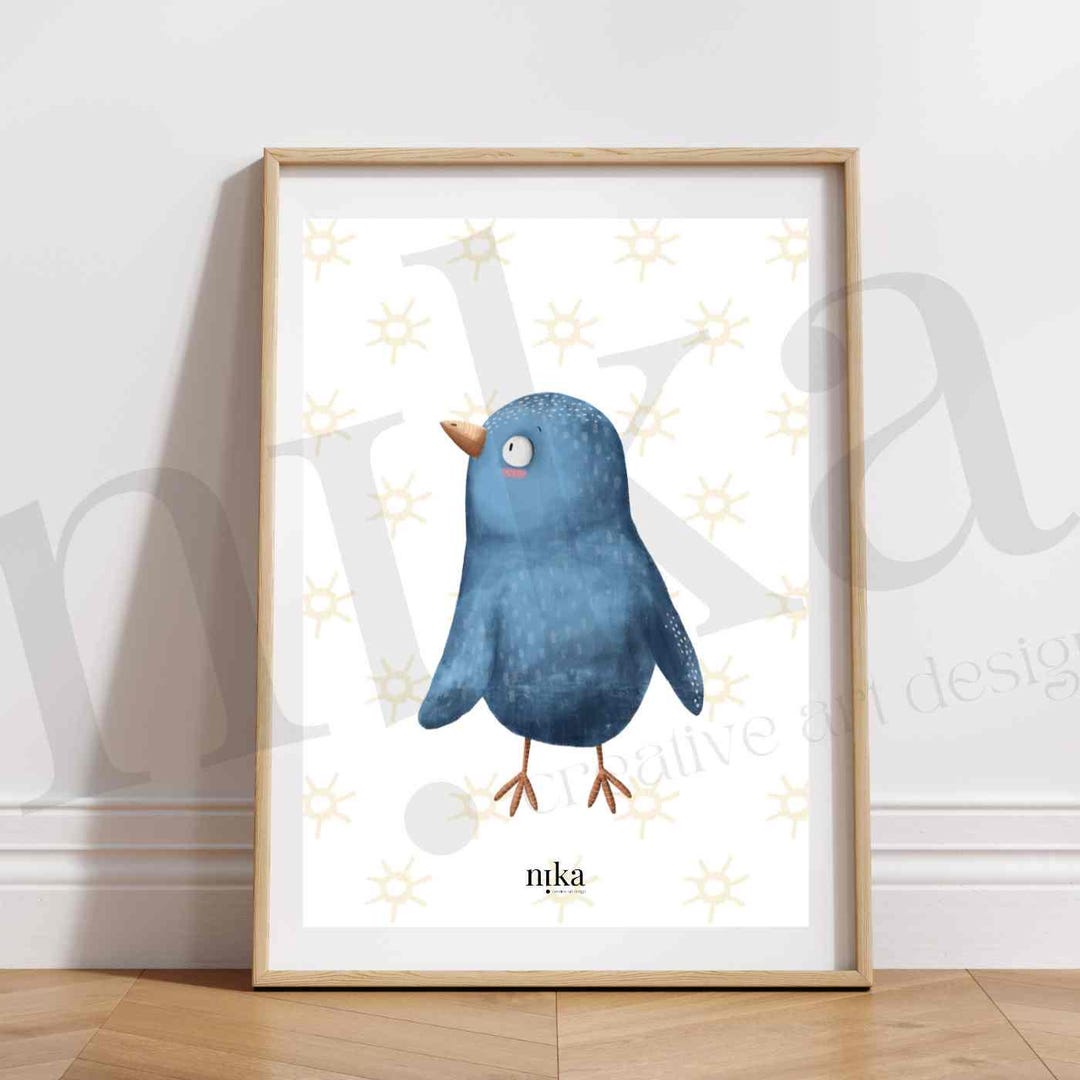 Blue Tiny Bird, Illustration, Poster for Kids, Wall Decor, Children's ...