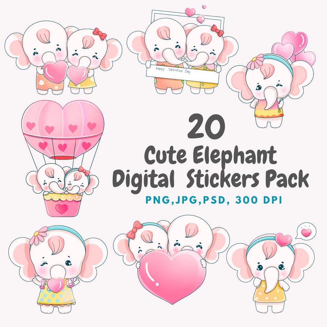Kawaii Cute Elephant Printable Stickers, Elephant Digital Stickers Cute ...