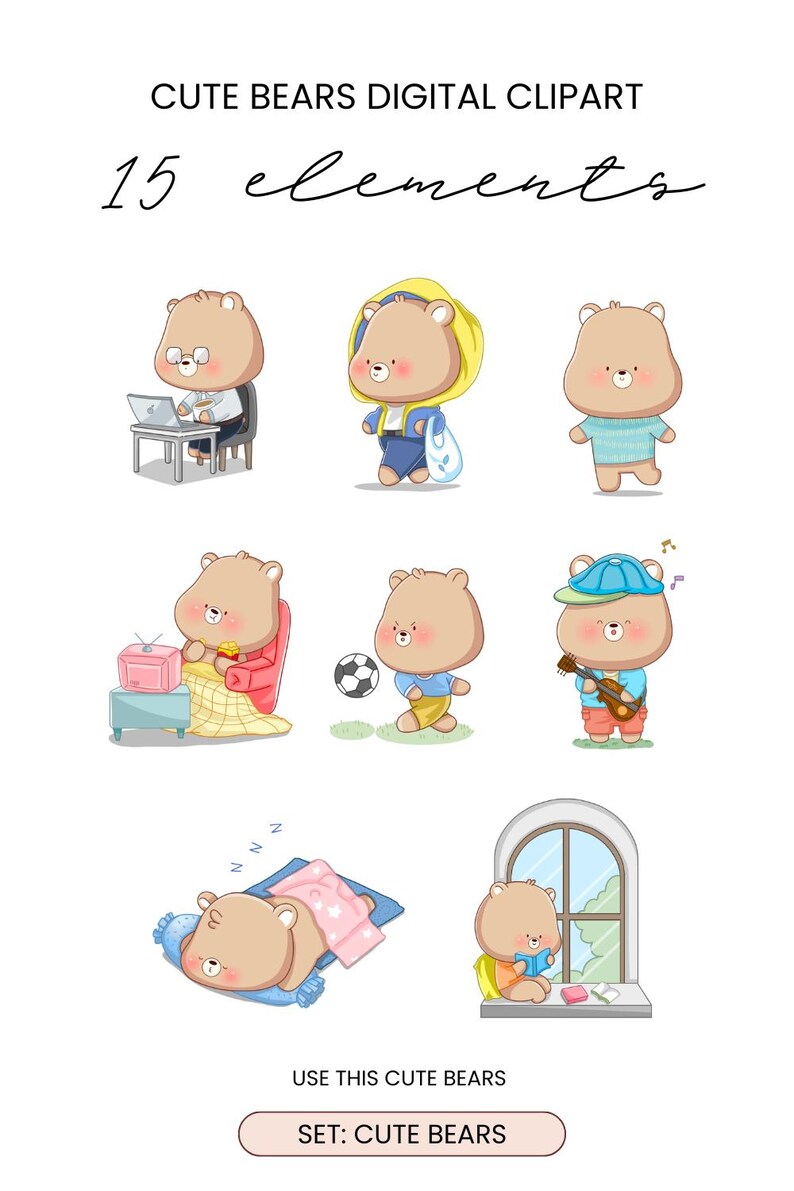 Cute Bears Clipart Bundle, Designs for Animal PNG, Files Kawaii Clipart ...