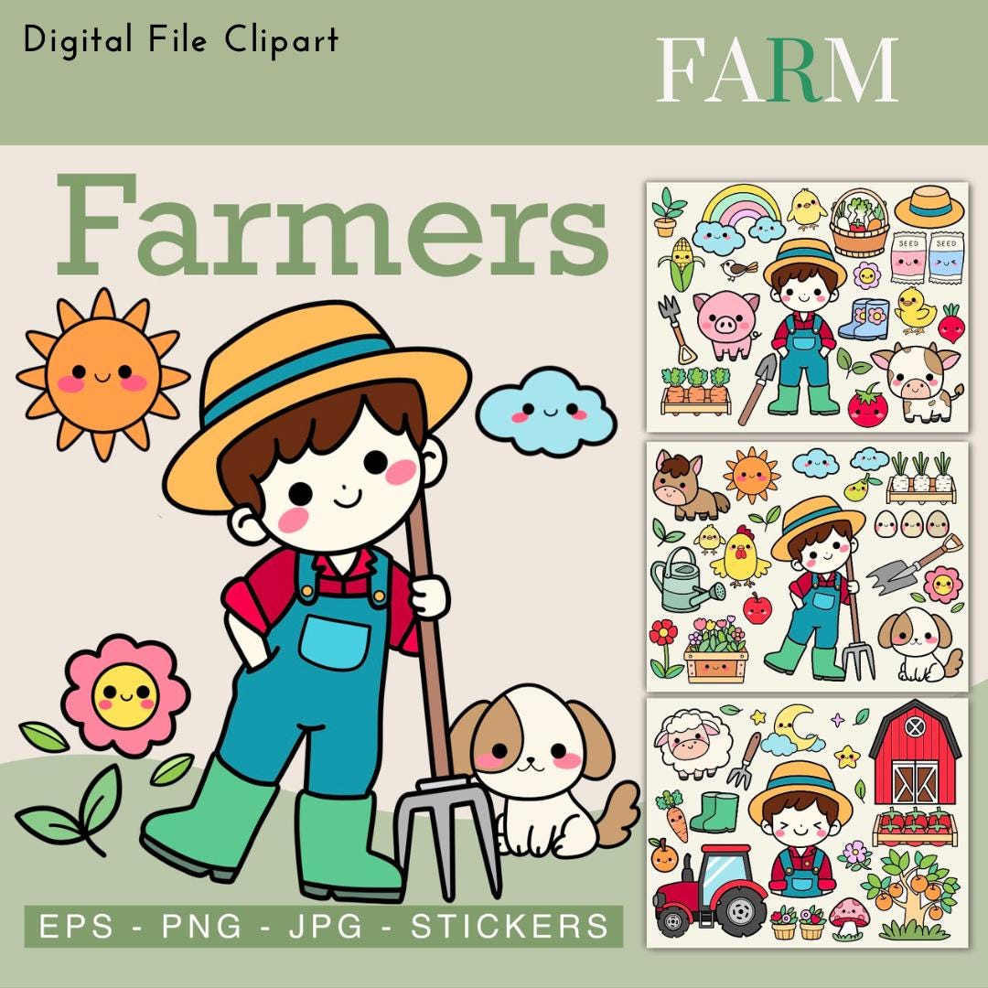 Cute Farmers Printable Stickers. Digital Sticker Pack. Cute Farm ...