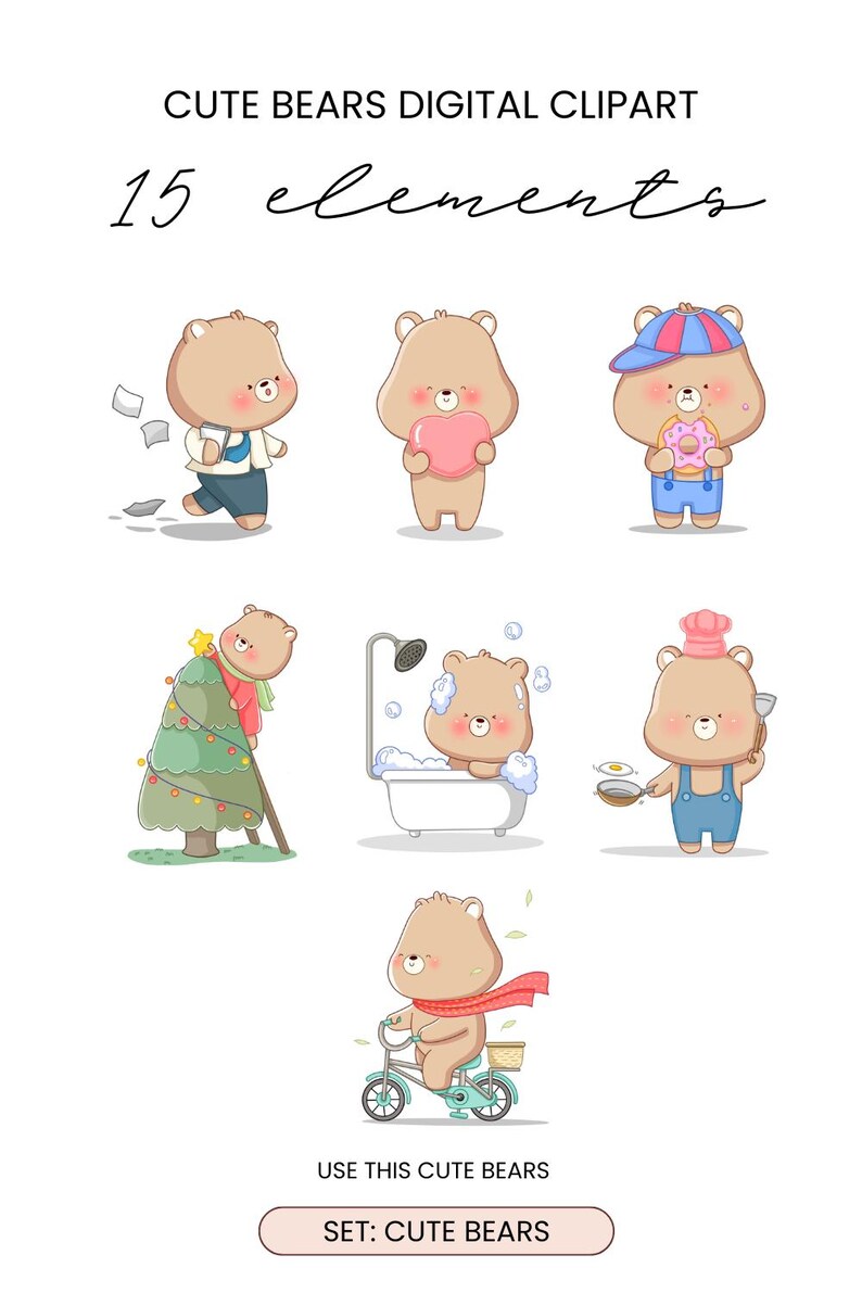 Cute Bears Clipart Bundle, Designs for Animal PNG, Files Kawaii Clipart ...