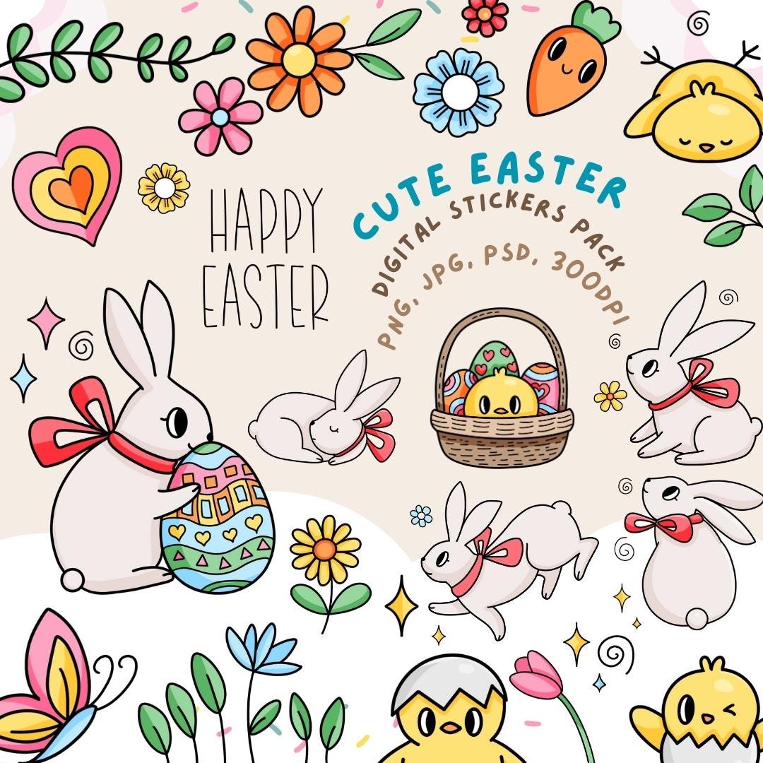 Cute Easter Sticker Set, Planners, Crafts, Bunny, Egg, Baby Chick ...