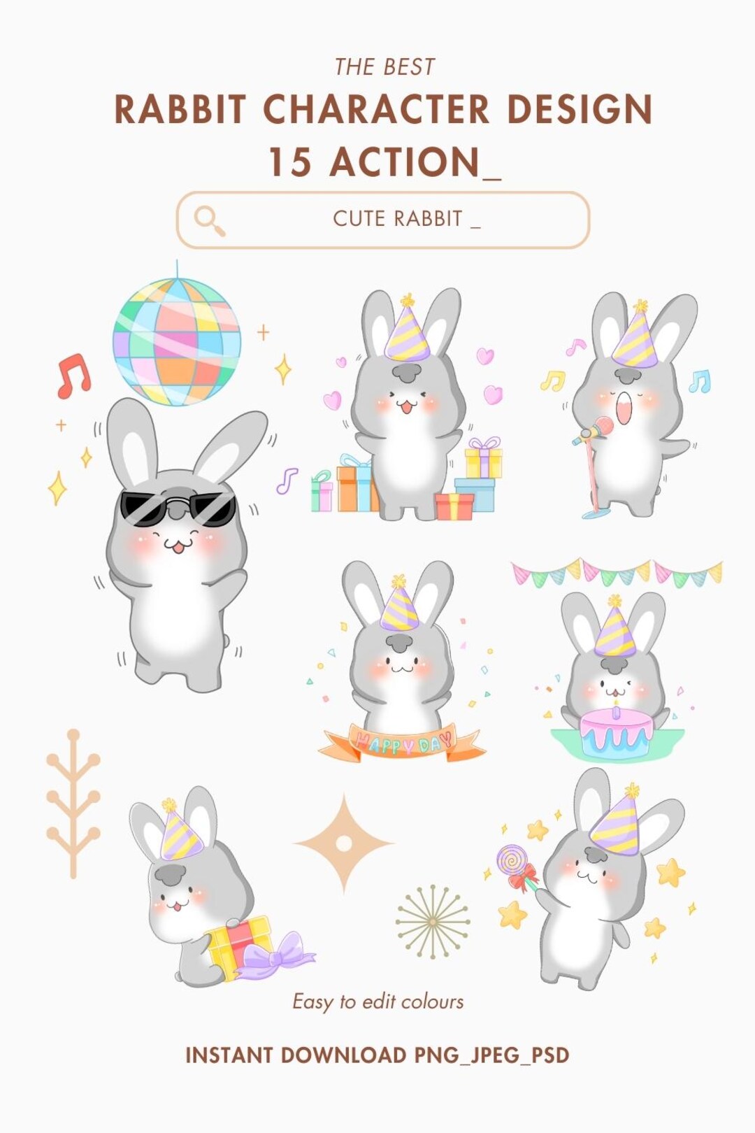Kawaii Cute Rabbit Printable Stickers, Rabbit Digital Stickers Cute ...