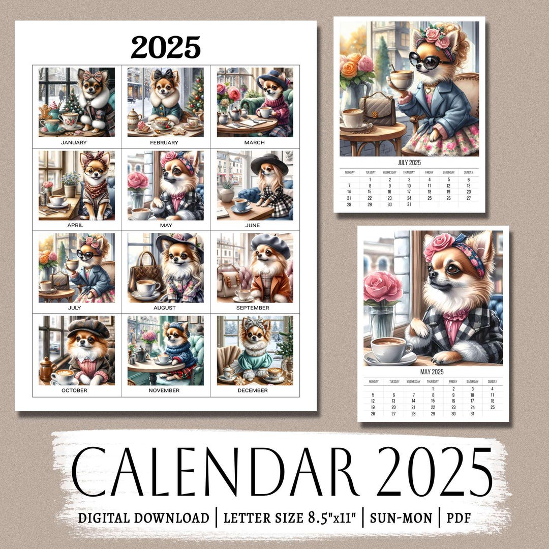 Printable Dog Calendar 2025 — Minimalist PDF With Funny Dogs and Café ...