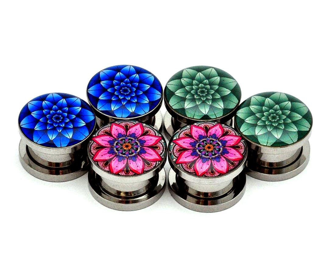 Set of 3 Steel Screw on Picture Plugs Set 6 green Lotus Blue - Etsy
