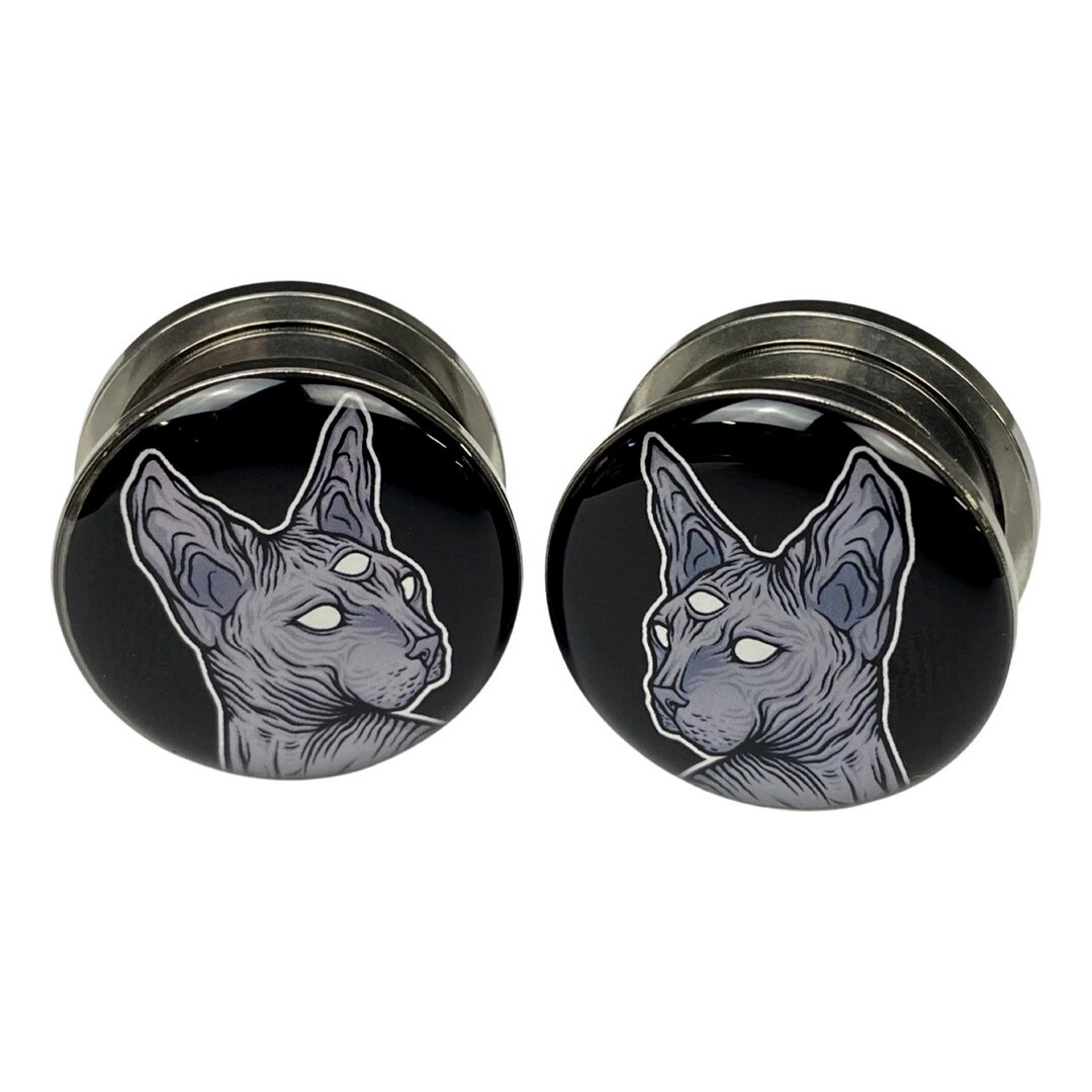 Sphynx Cat Picture Plugs Gauges - 16g, 14g, 12g, 10g, 8g, 6g, 4g, 2g ...
