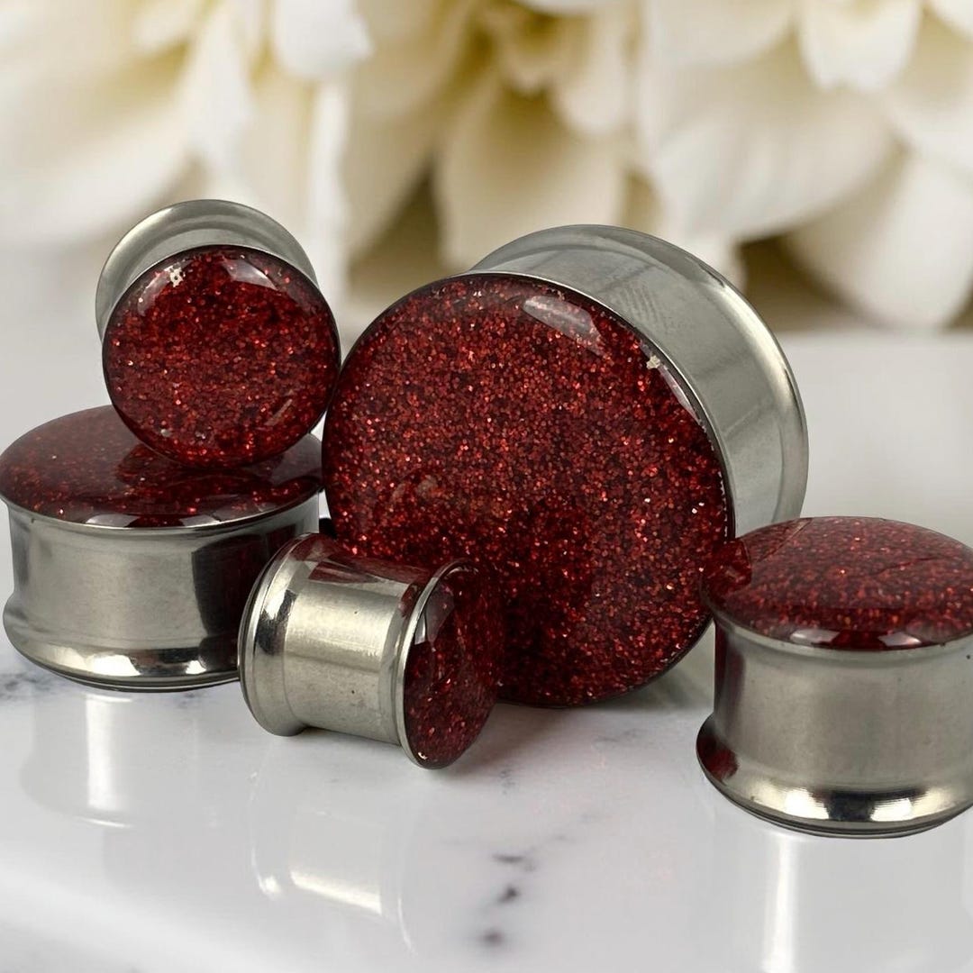 Embedded Cherry Glitter Double Flare Resin Plugs 00g, 1/2", 9/16", 5/8 ...