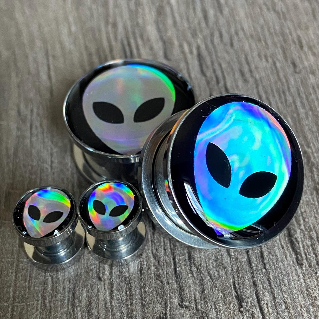 Holographic Alien Picture Plugs Gauges - 16g, 14g, 12g, 10g, 8g, 6g, 4g ...