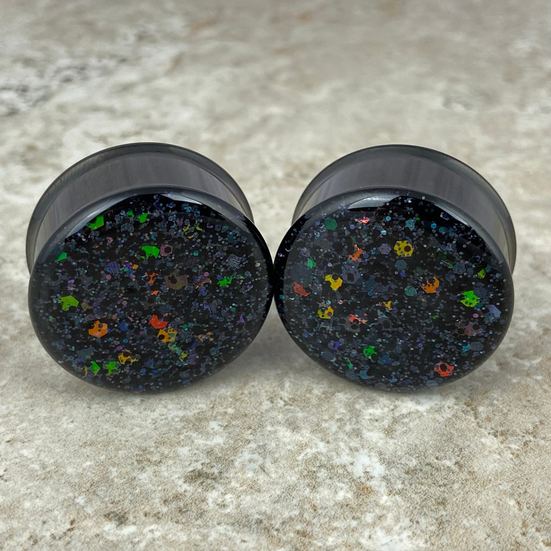 Pair of Black Steel Plugs With Deep Space Glitter (EMB-031) 00g, 1/2 ...