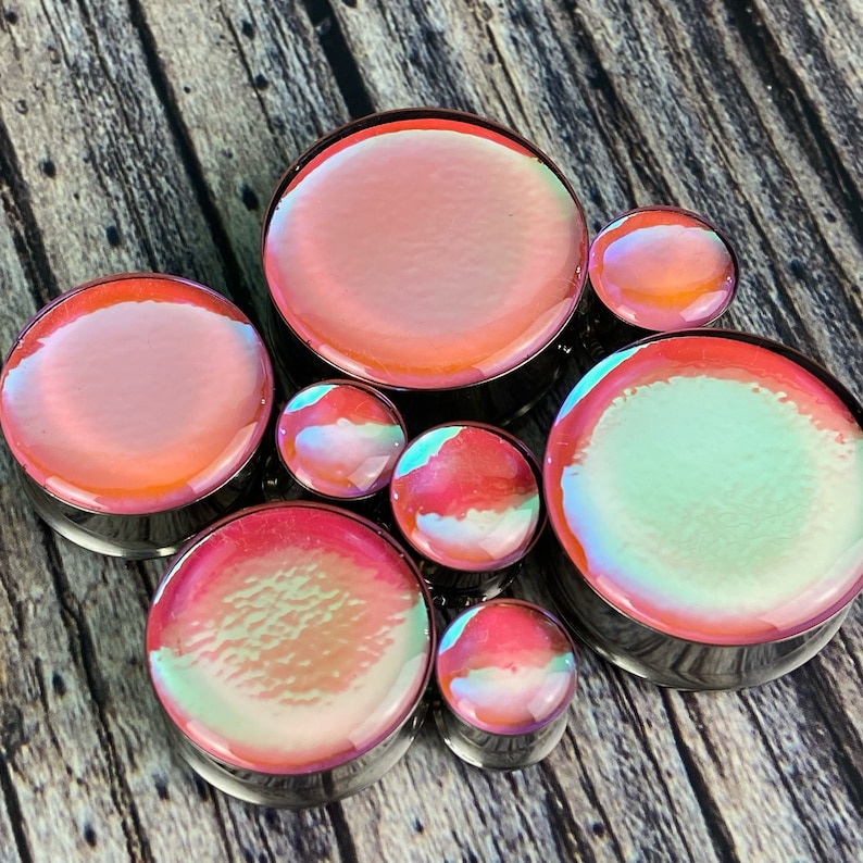 Embedded Pink/orange Opal Color Shift Double Flare Resin Plugs - Etsy