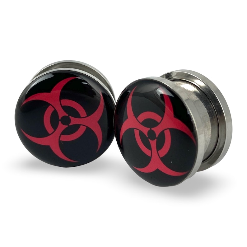 Handmade Black and Red Biohazard Picture Plugs – Surgical Steel Gauges ...