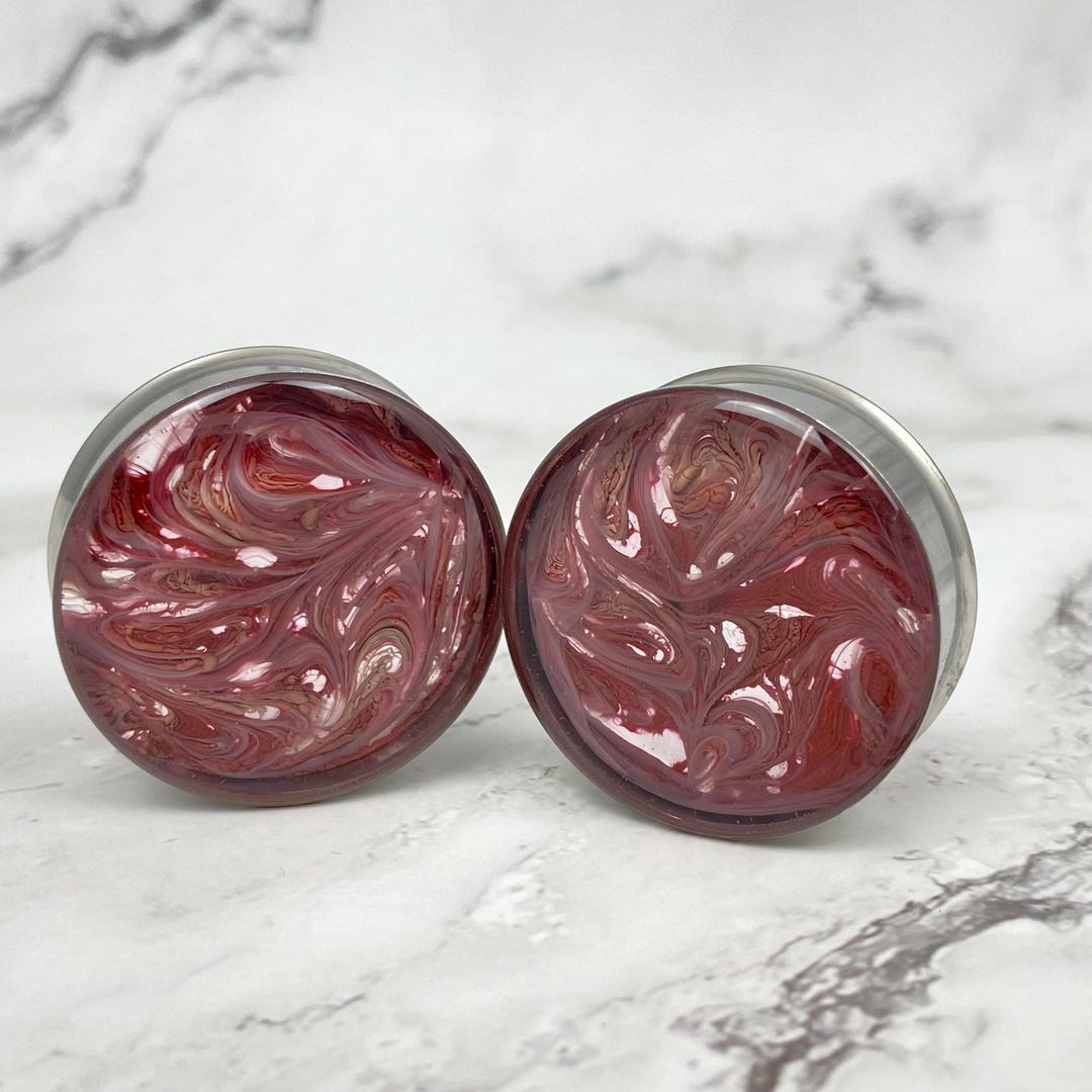 Pair of Cranberry Ink Swirl Resin Plugs (RP-227) 5/8, 3/4, 7/8, 1 Inch ...