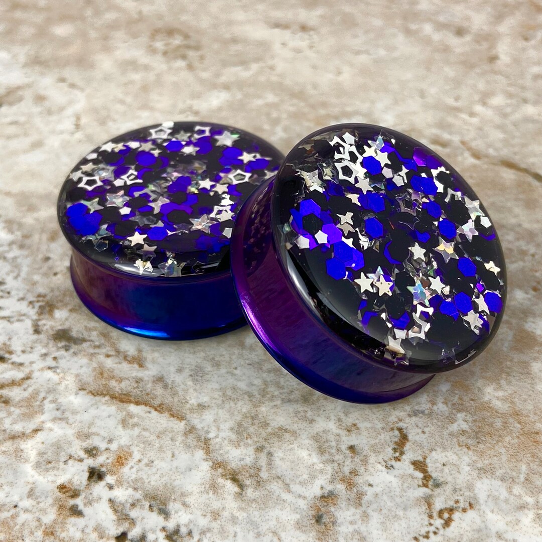 Pair of Purple Steel Plugs With Purple and Silver Star Glitter EMB-036 ...