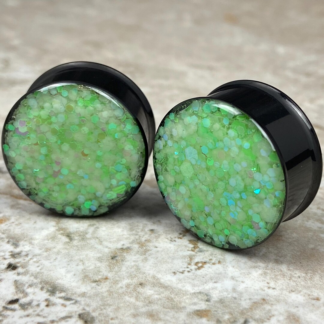 Pair of Black Steel Plugs With Slime Green Glow-in-the-dark Glitter (RP ...