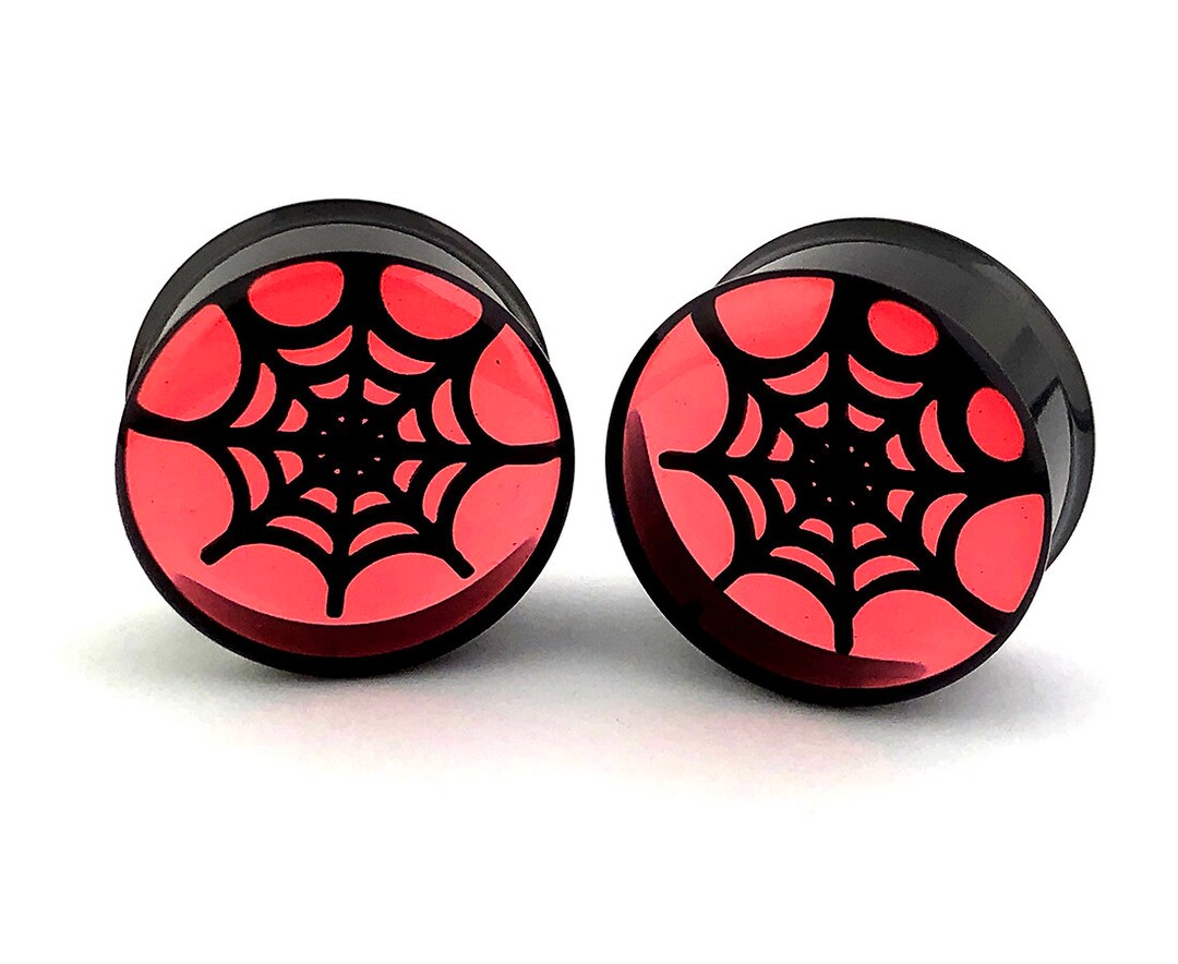 Pair of Black Embedded Spider Web in Red Resin Plugs (EMB-010) 3/4", 7/ ...