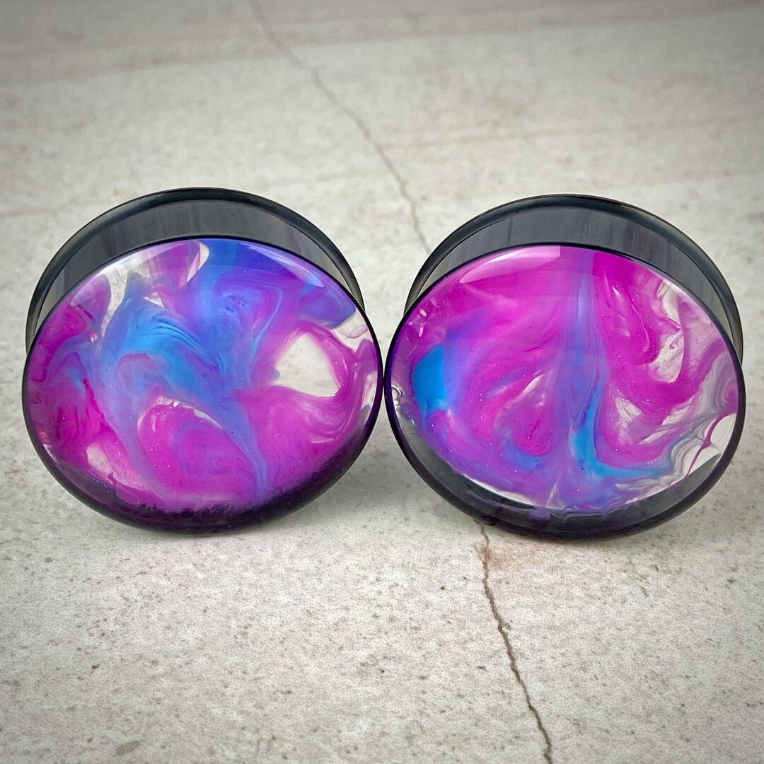Pair of Black Steel Plugs With Embedded Blue and Pink Pearlescent Ink ...