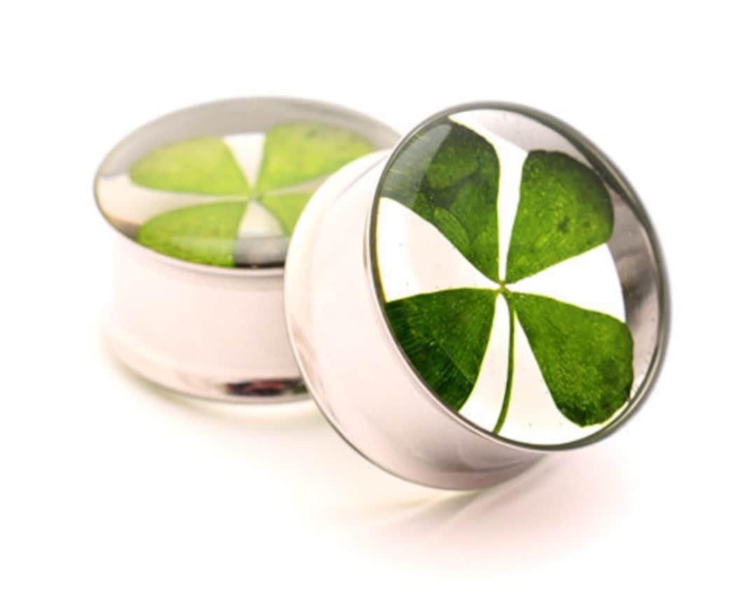 Real 4 Leaf Clover Embedded Plugs (EMB-003) Gauges - 5/8", 3/4", 7/8 ...