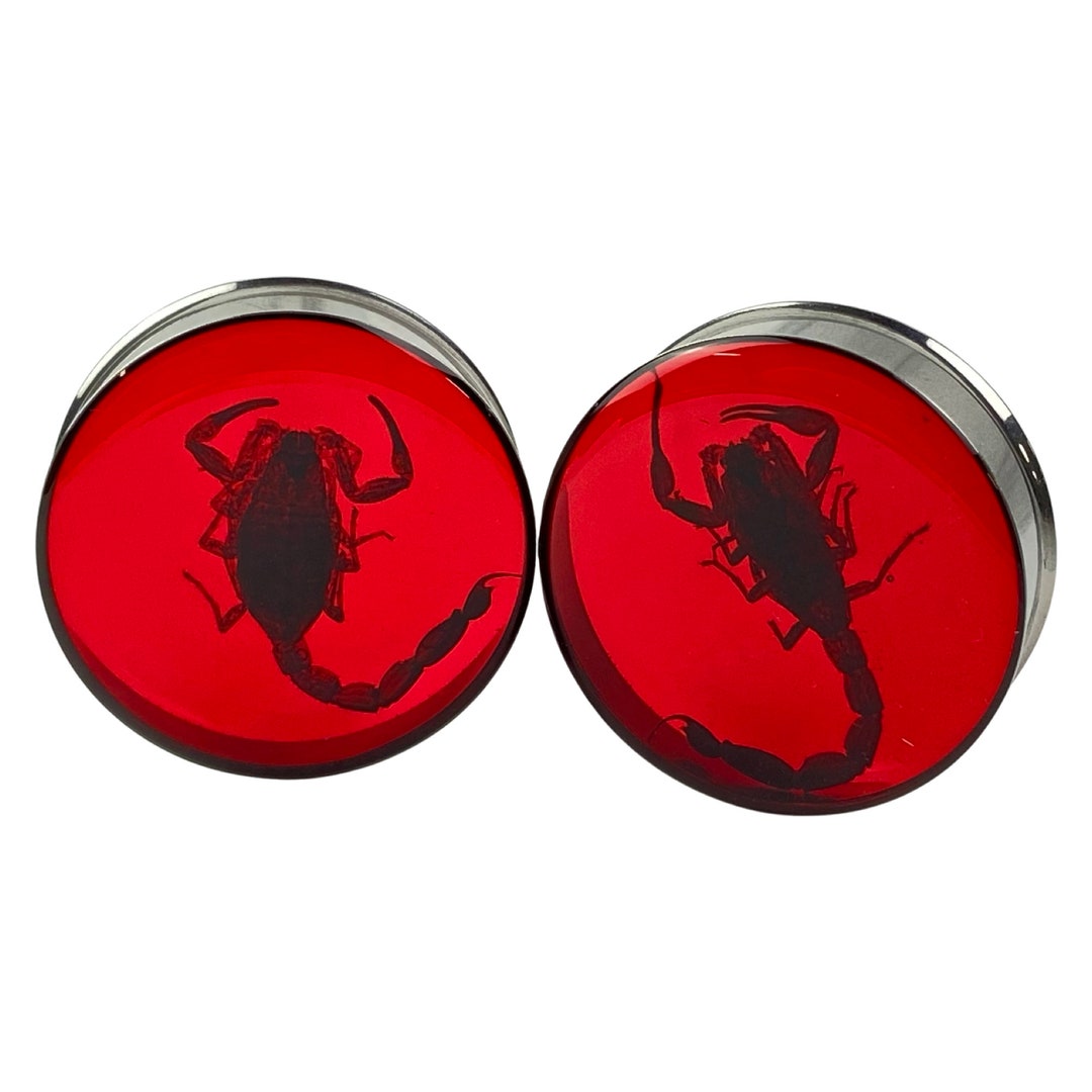 Pair of Embedded Scorpion Plugs in Scarlet Red Resin MTO-044 32mm, 35mm ...