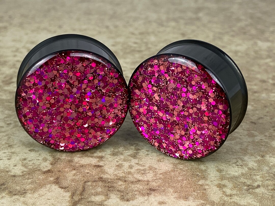 Black Steel Plugs With Embedded Pink and Purple Chunky Glitter (EMB-037 ...