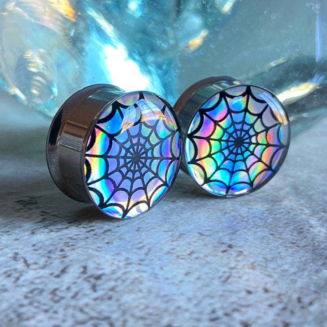Spider Web Holographic Double Flare Picture Plugs (MTO-070) 00g, 1/2 ...