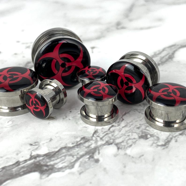 Handmade Black and Red Biohazard Picture Plugs – Surgical Steel Gauges ...