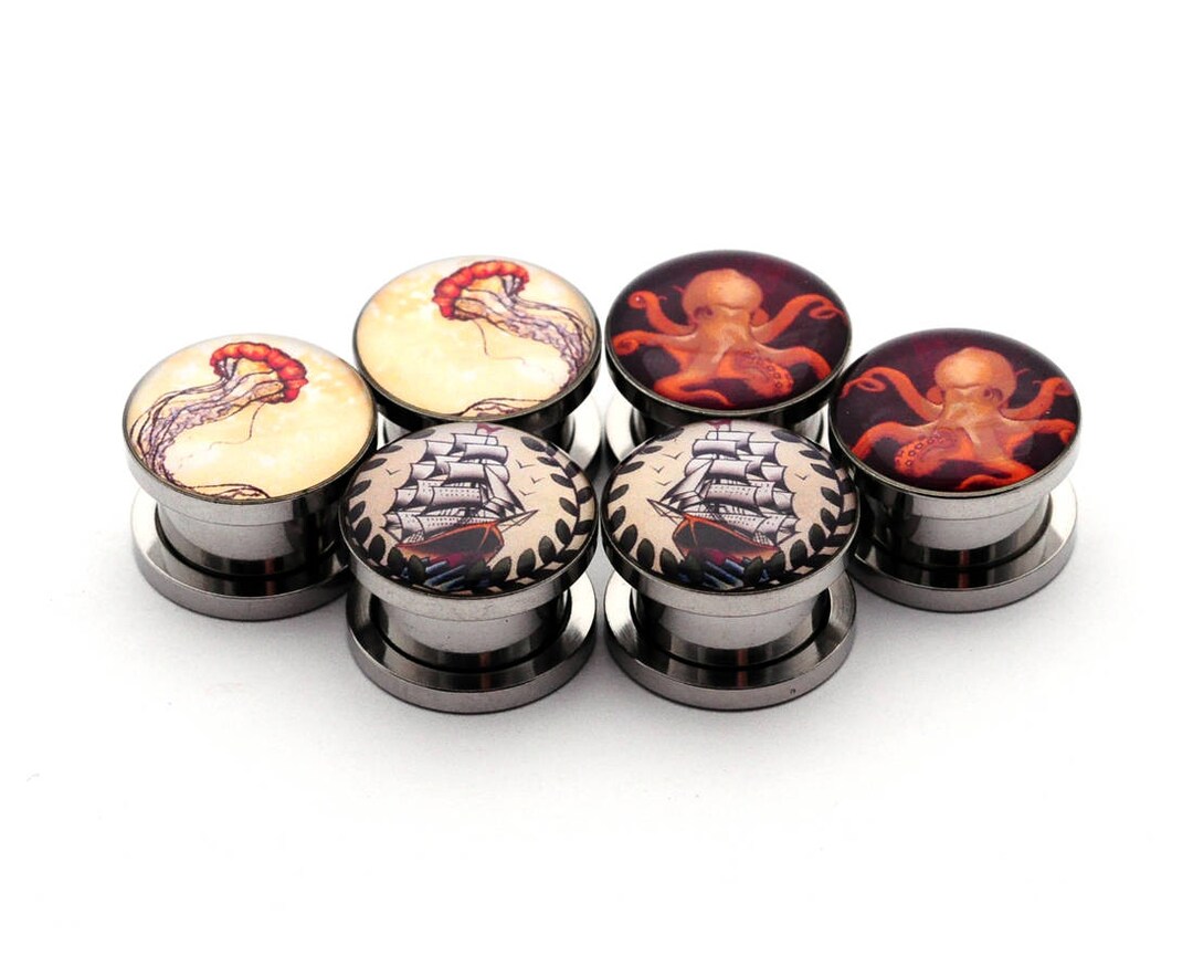 Set of 3 Steel Screw on Picture Plugs Set 3 (jellyfish, Octopus, Pirate ...
