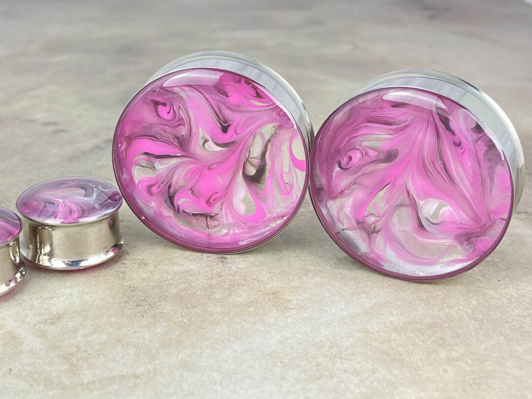Pair of Pink/black/white Ink Swirl Resin Plugs (RP-215) 5/8, 3/4, 7/8 ...
