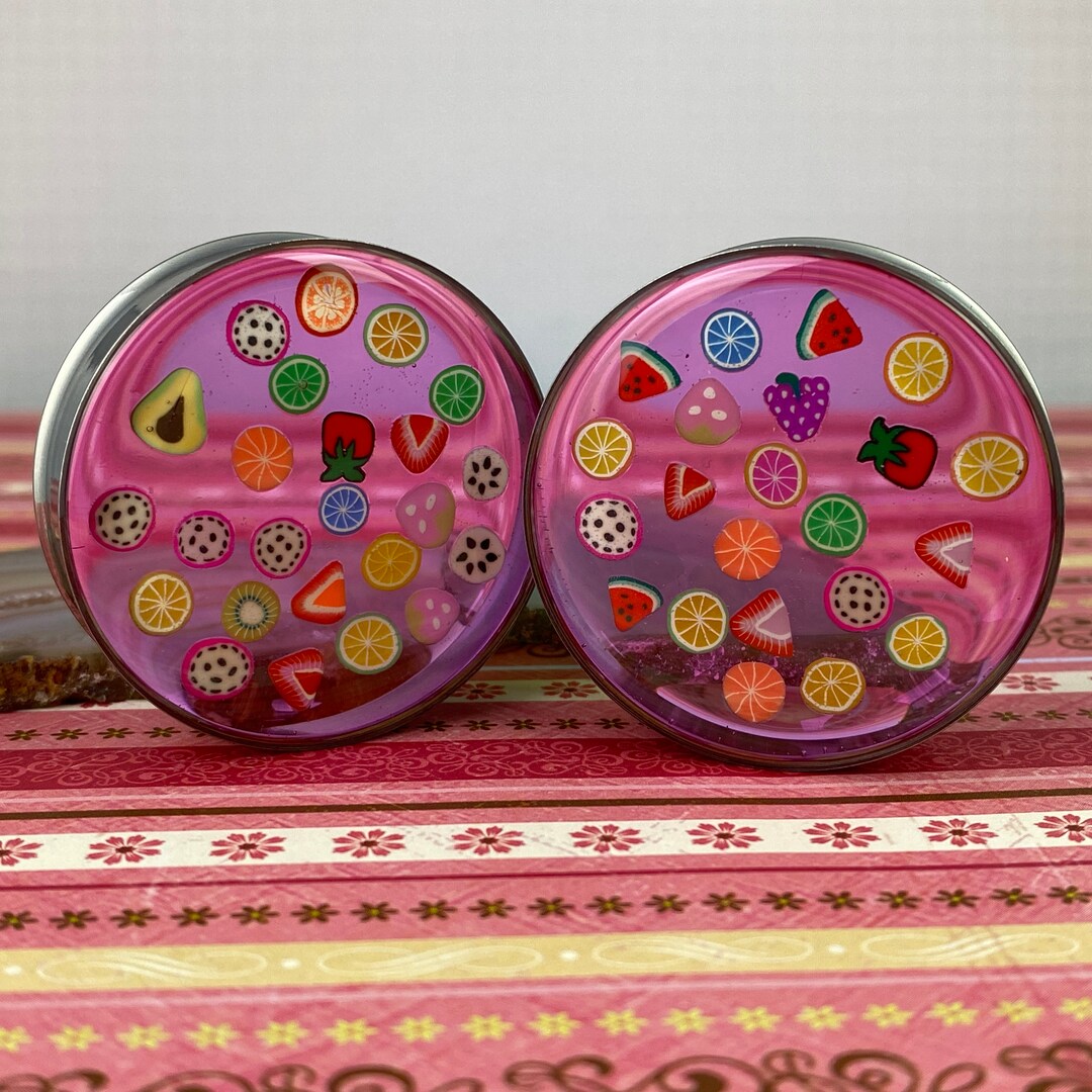 Pair of Embedded Pink Resin Fruit Slice Plugs (RP-182) 3/4", 7/8", 1 ...