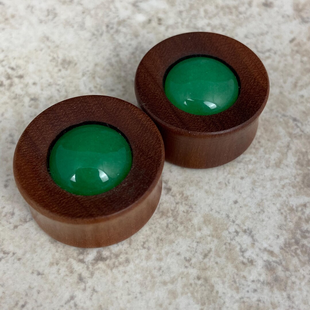 Saba Wood Plugs With Green Jade Stone Insert OS-286 Sold as a Pair 5/8 ...