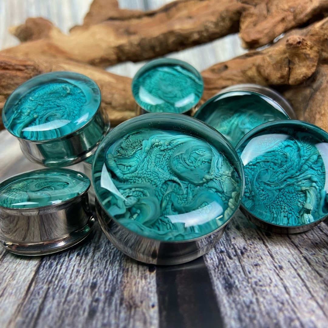 Pair of Turquoise Ink Swirl Resin Plugs (RP-206) 3/4, 7/8, 1 Inch, 28mm ...