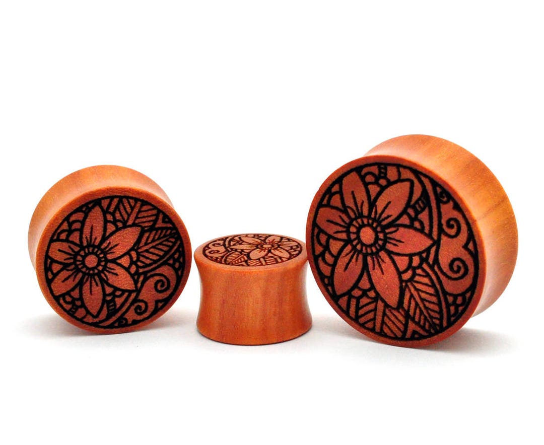 Laser Engraved Offset Floral Saba Wood Plugs PW-255 Sold as a Pair 5/8 ...