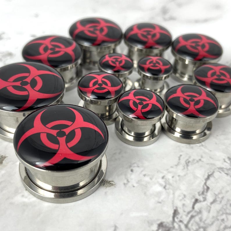 Handmade Black and Red Biohazard Picture Plugs – Surgical Steel Gauges ...