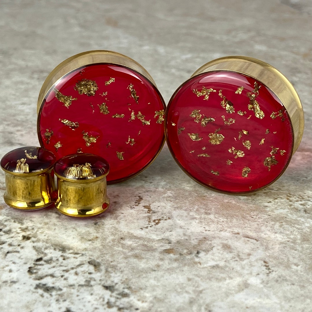 Pair of Gold Steel Resin Plugs With Red Resin and Real Gold Flakes (emb ...