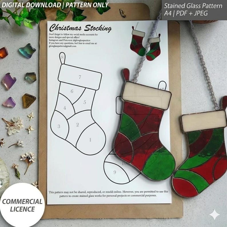 Christmas Stocking Stained Glass Pattern | Holiday Template | DIY ...