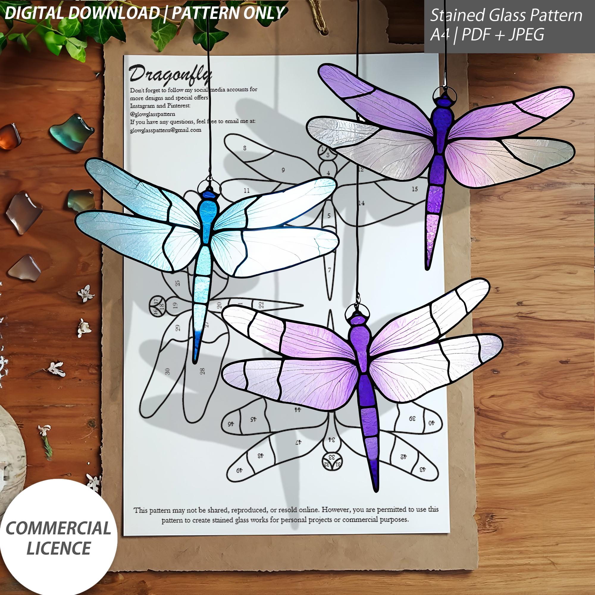Three Dragonfly Stained Glass Patterns – Single Page PDF and JPG Format ...