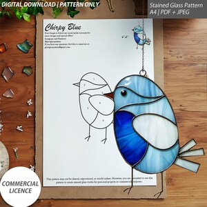 Chirpy Blue Bird Stained Glass Pattern – 4x5 Inch Design – Digital ...