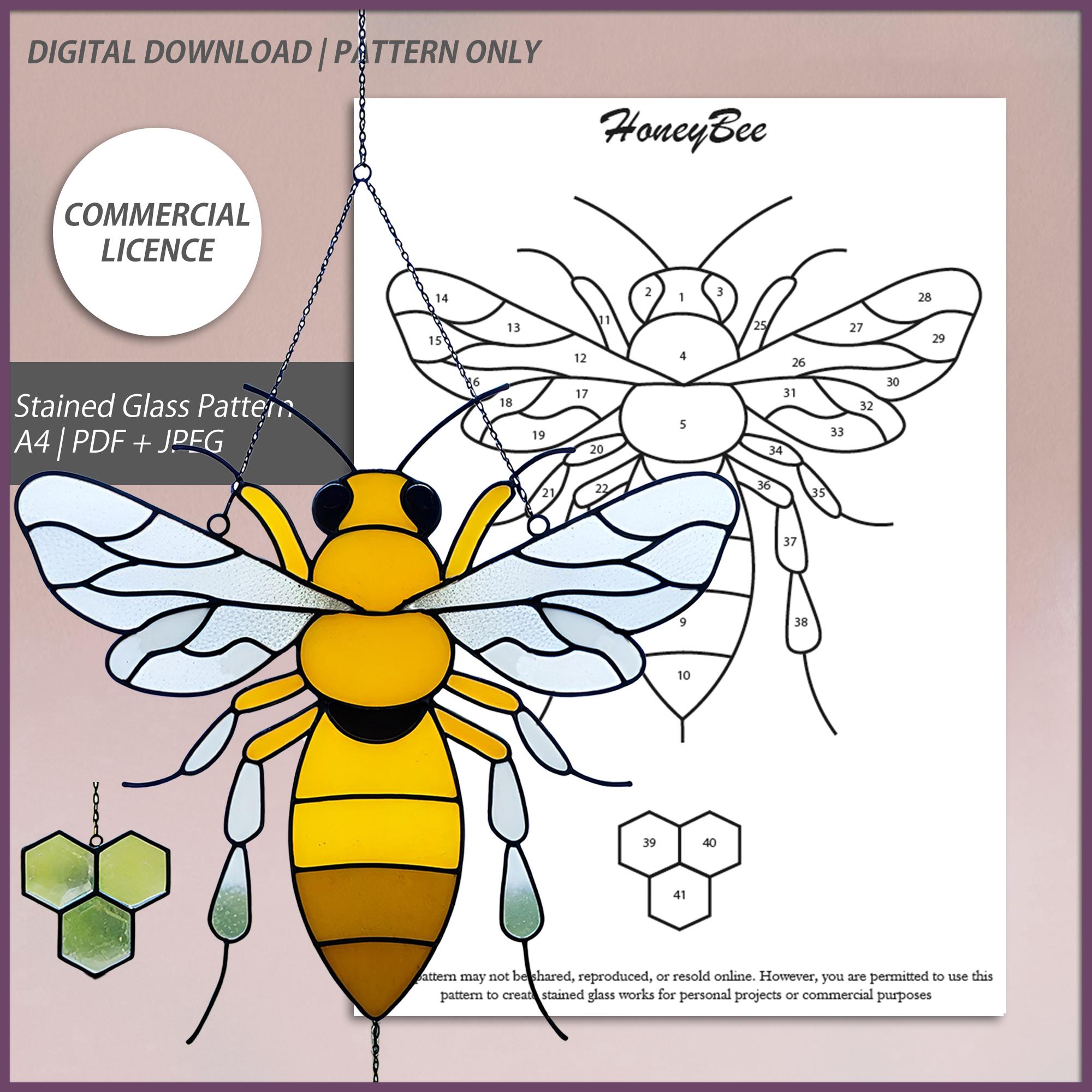 Bee and Honeycomb Stained Glass Pattern – 7.5x8.5 Inch Bee and 1.5x1.5 ...